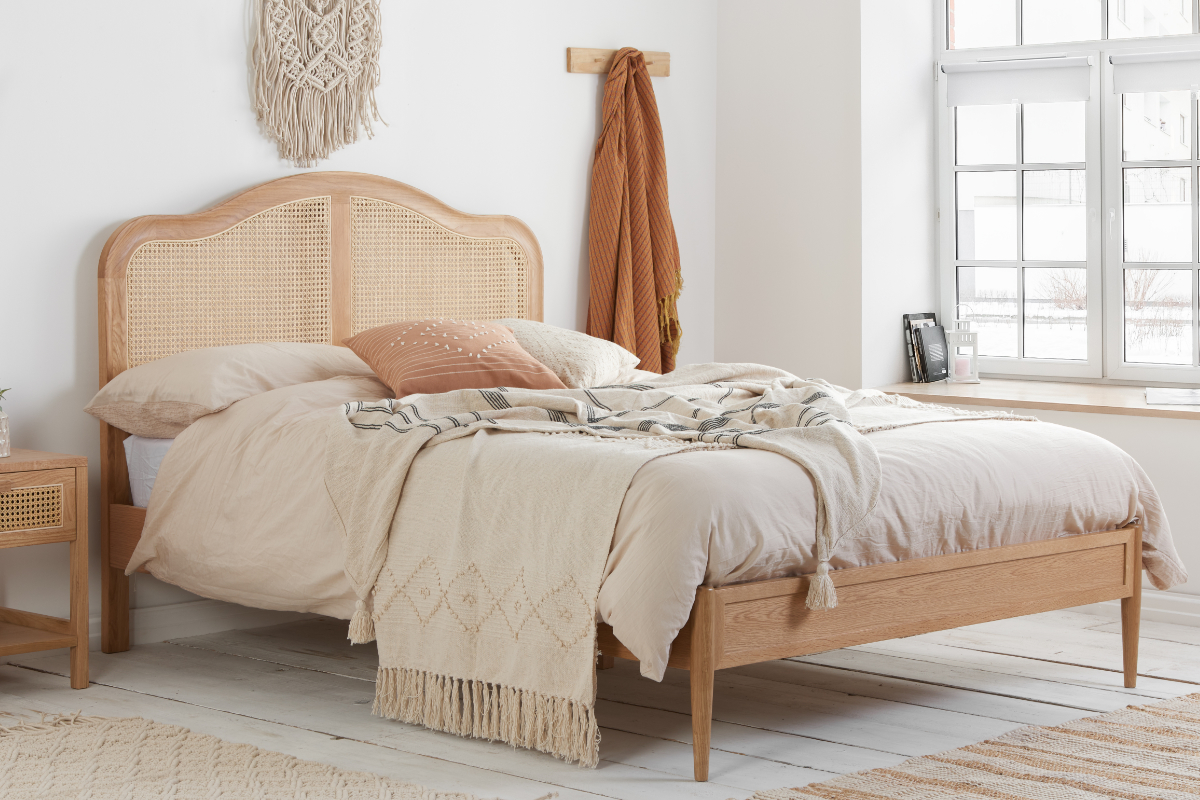 Oak Wooden Bed Frame With Rattan Woven Headboard Leonie