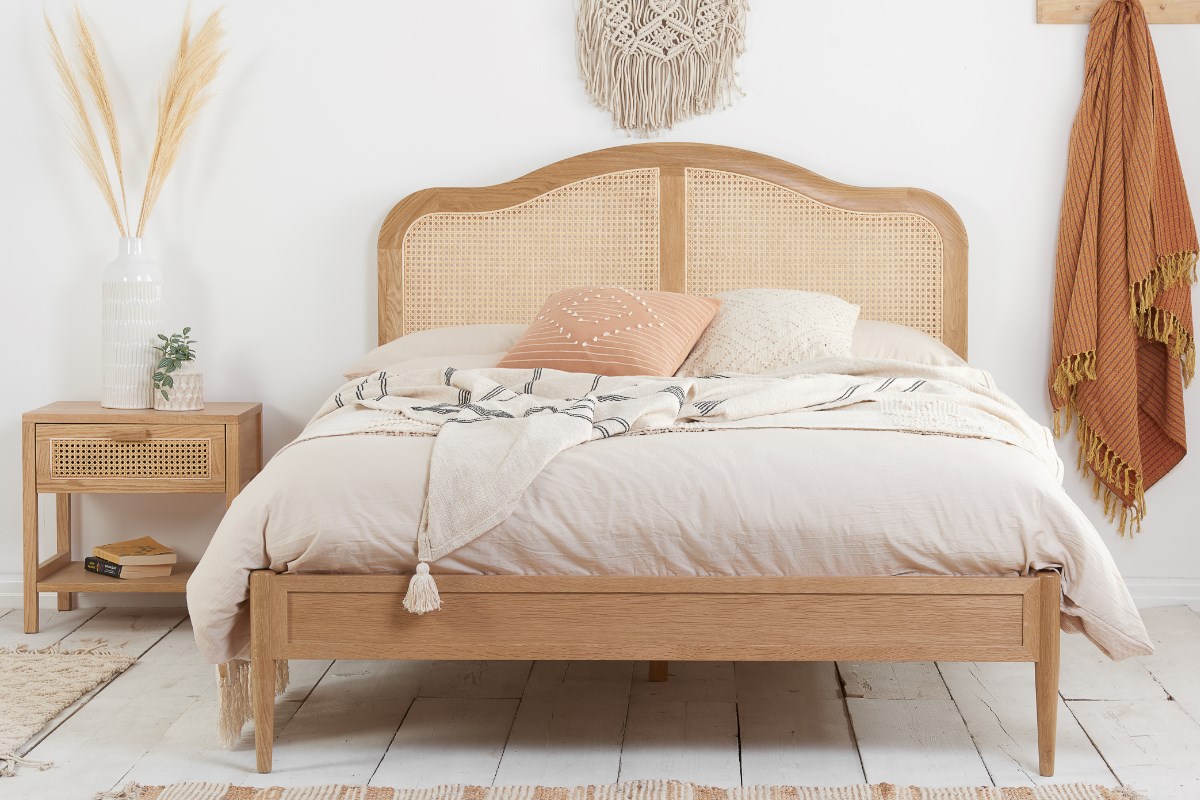 Oak Wooden Bed Frame With Rattan Woven Headboard - Leonie