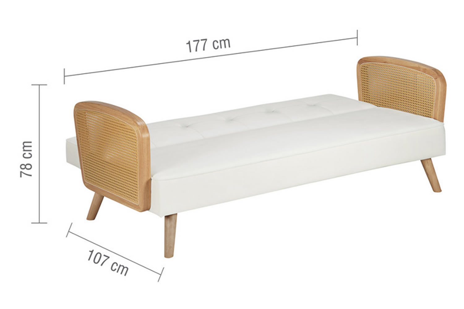 Mila White Plush Velvet Fabric Sofa Bed With Rattan Armrests