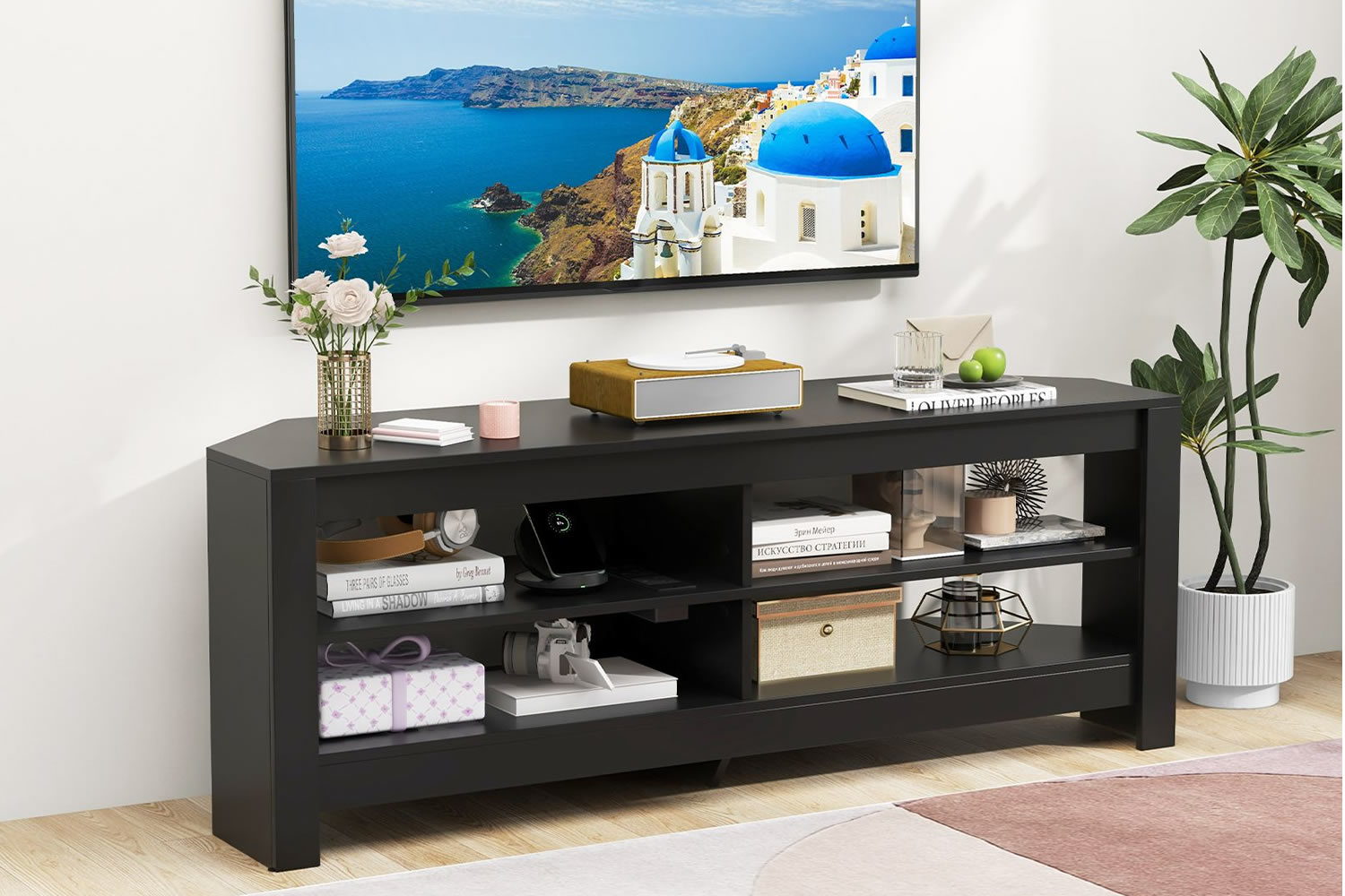 Nephi Wooden 60 Corner TV Stand With Open Storage Shelves